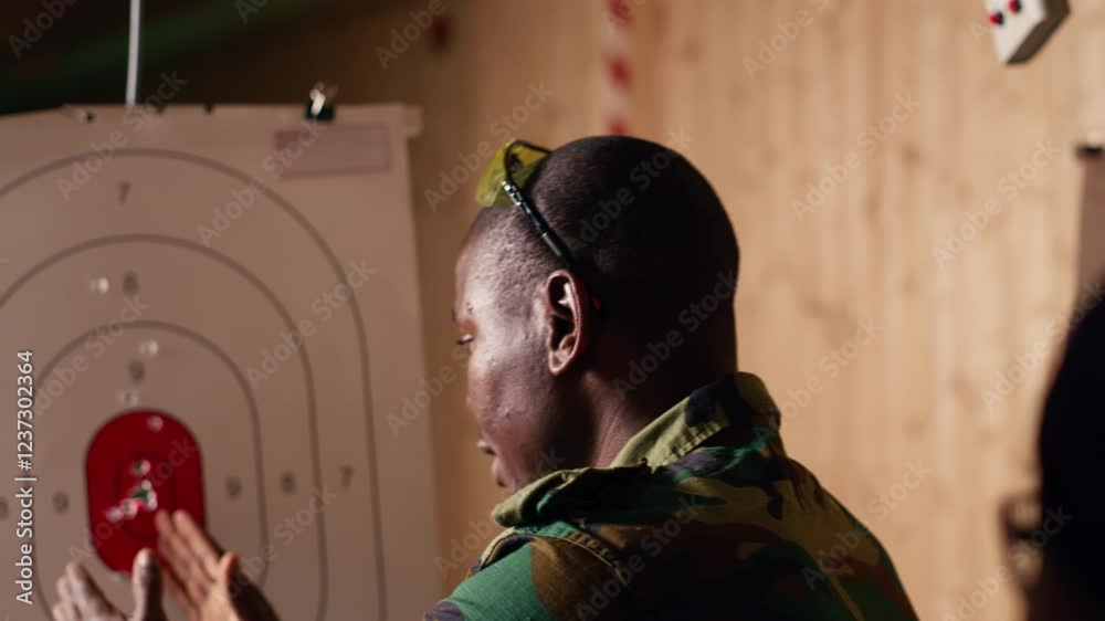 Army leader teaches recruits in shooting gallery how to shoot target ...