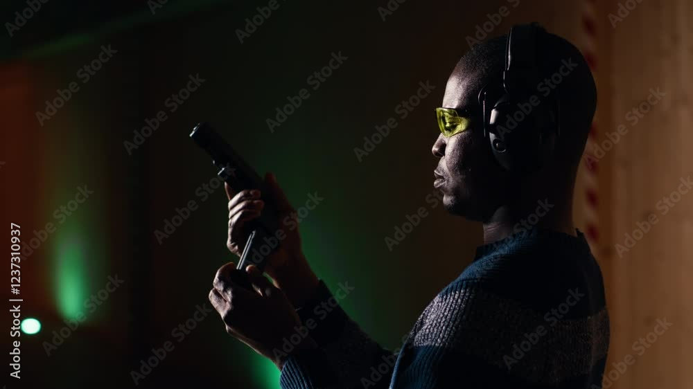 Person wearing safety goggles loading pistol bullets magazine during ...
