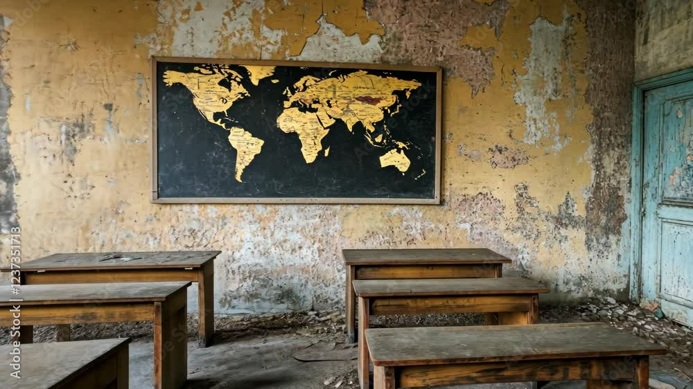 Old classroom with wooden desks and a vintage world map on the wall in ...