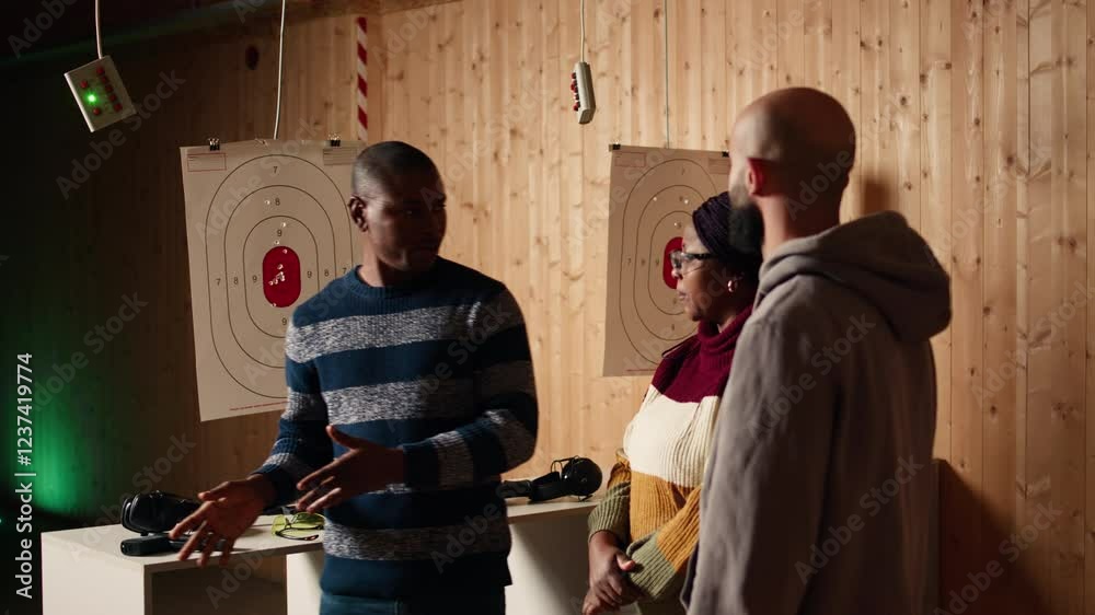 Shooting gallery worker meeting with customers, greeting them ...