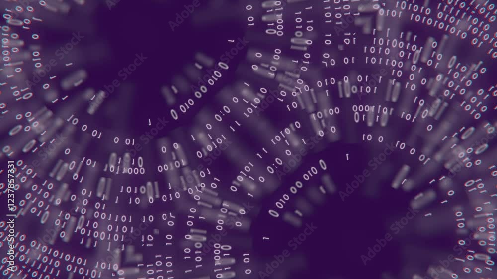 Digital composition with pulsating code rings. Running numbers 0 and 1 ...