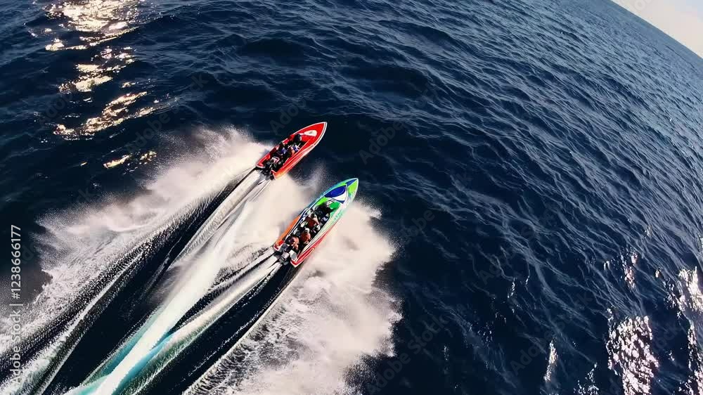 Two high-speed powerboats race side by side across the open ocean ...