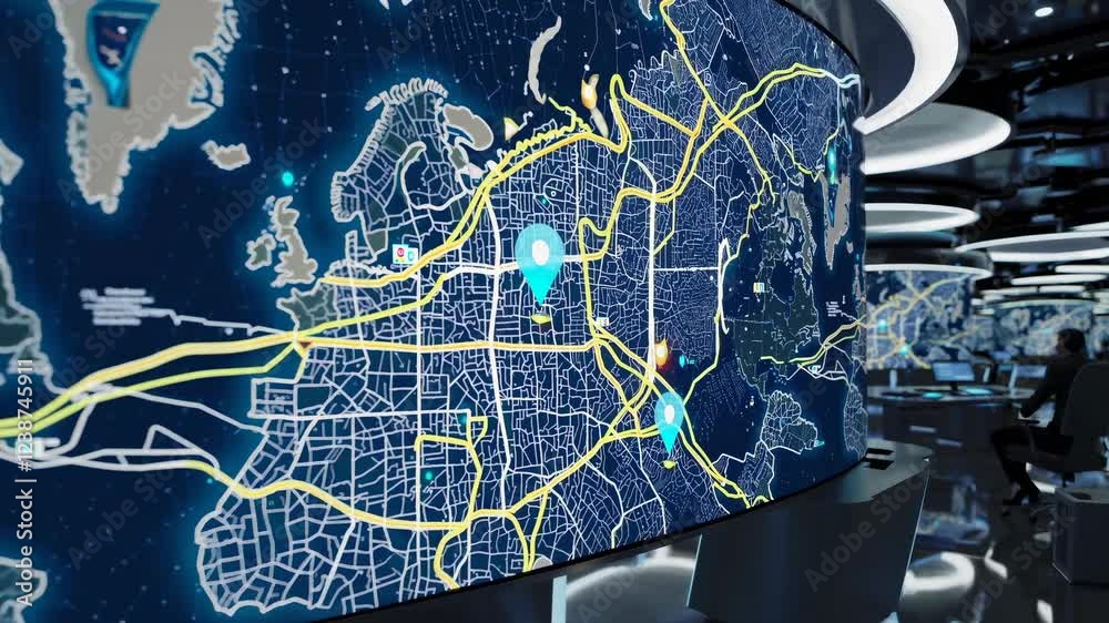 High-tech surveillance control room with interactive map displays in a ...