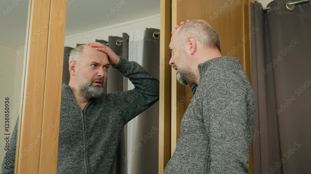 Upset man crying over hair loss, struggling with balding. Emotional ...