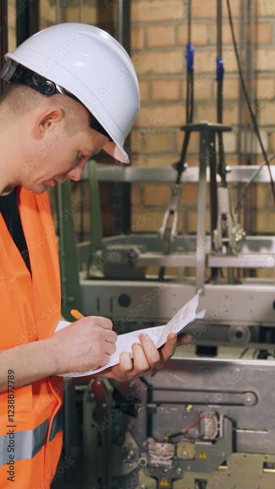 Engineer inspects quality of elevator parts, complex modern elevator ...
