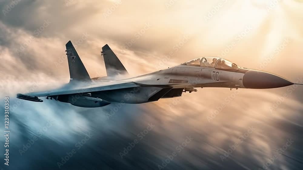 A scene of a fighter jet passing above the clouds, smooth repetitive ...