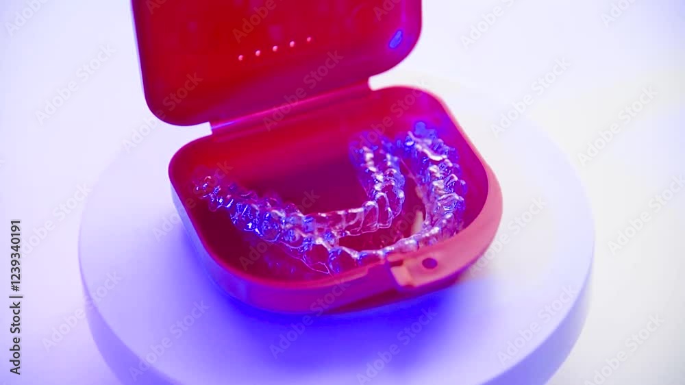 Invisible dental braces teeth aligners in a red container on a white ...