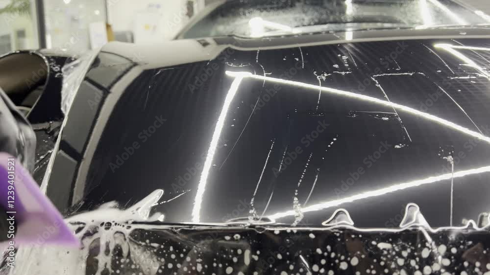 A car wrapping specialist applies a polyurethane film to the hood car ...