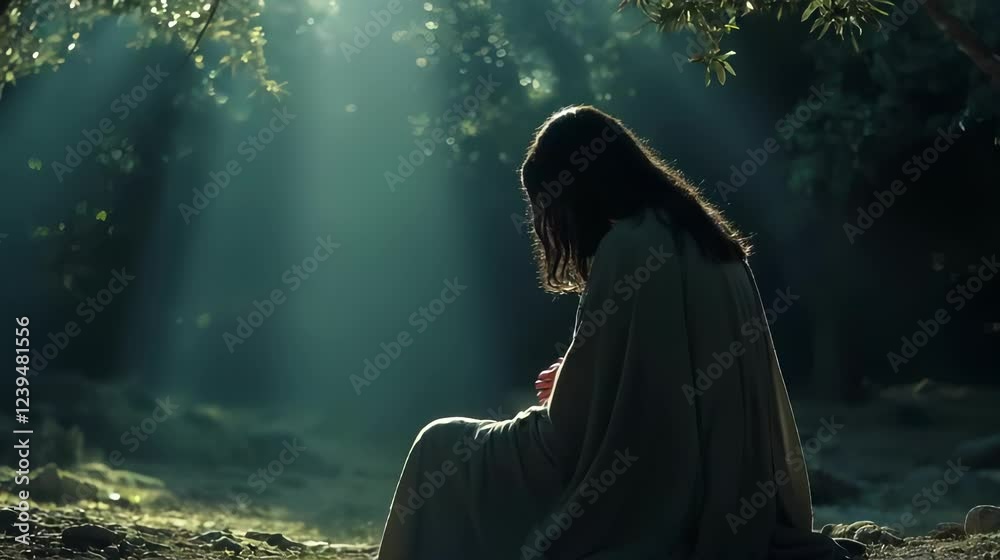 Jesus Christ Kneels in Prayer at the Garden of Gethsemane Under Olive ...