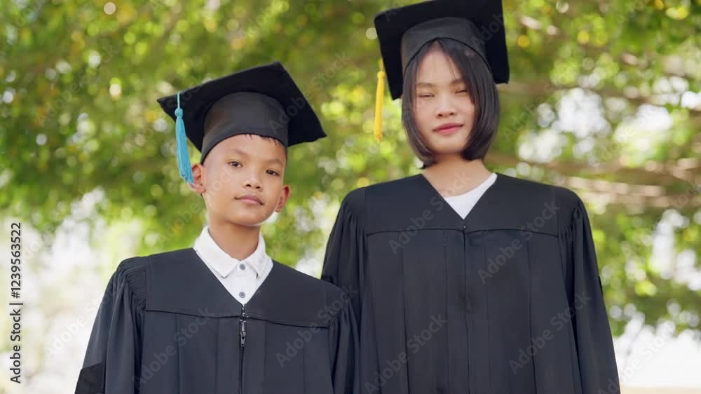 Two young graduates stand side by side, wearing black graduation gowns ...