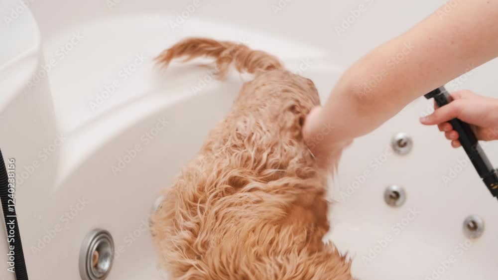 Dog of a Cavapoo or Cockapoo breed is wet in the shower, washing in the ...