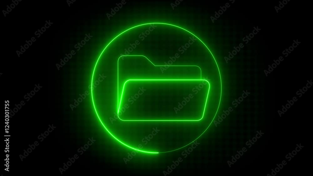 Neon glowing mobile device folder icon animated on black background ...