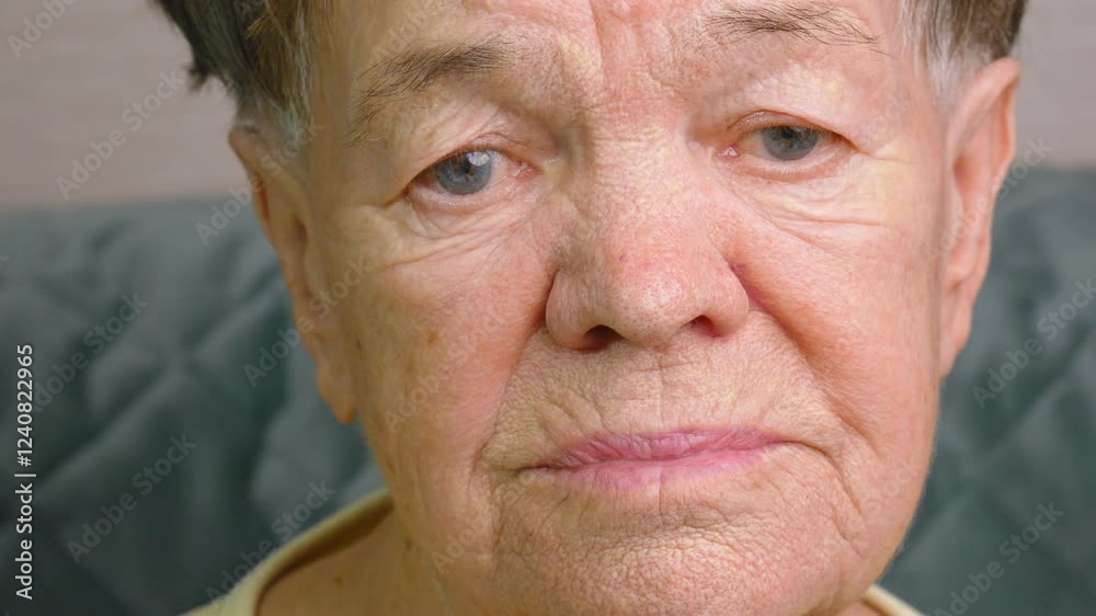 The sad look of very old woman. Flabby and wrinkled skin on the face an ...
