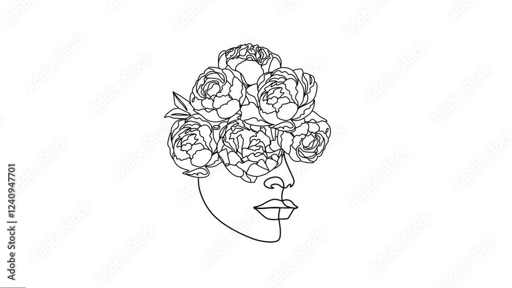 Animated one continuous single-line drawings of woman faces with ...
