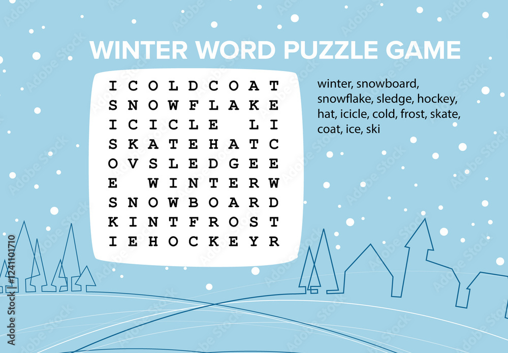 Winter Word Search Puzzle Game with Snowy Background and Secret Word ...