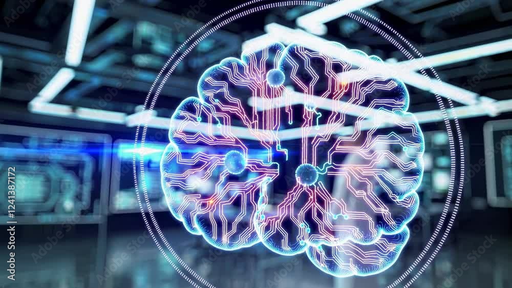 Scientist wearing a vr headset is interacting with a holographic ...