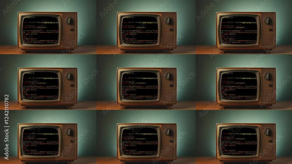 Old 90s retro multiple crt monitor with glitch effect, damage vhs, bad ...