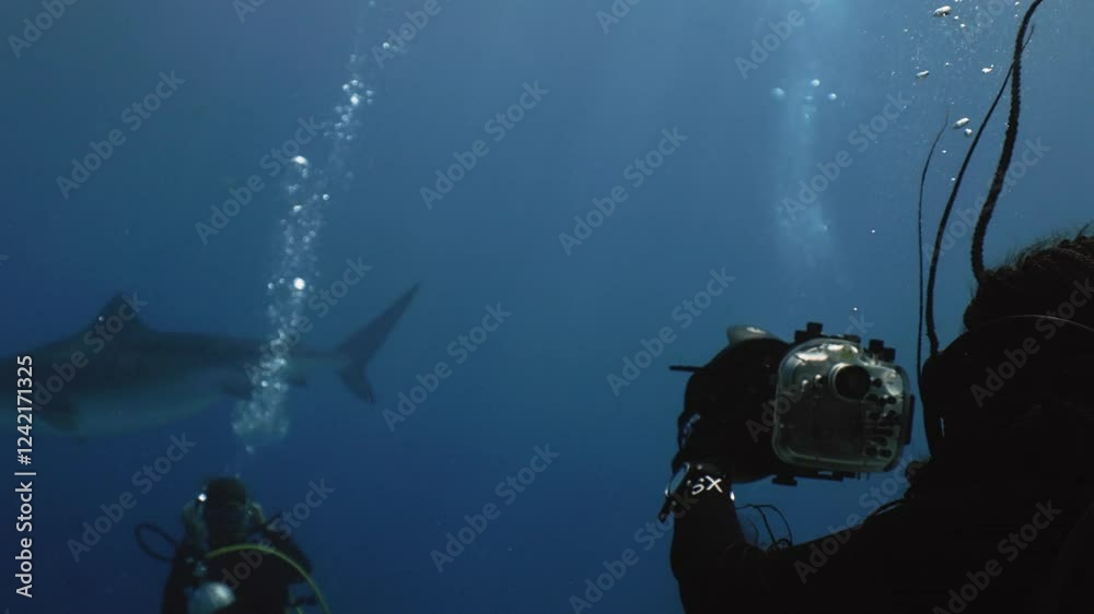 Tiger shark Galeocerdo cuvier Scuba diver films a tiger shark tries to ...