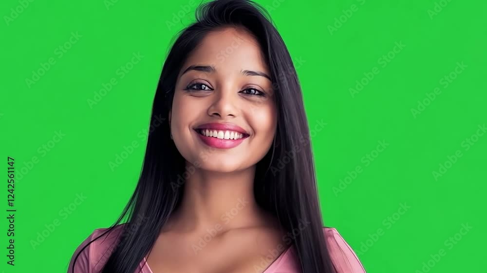 Radiant Smile Against Green Screen: A young woman with long, dark hair ...