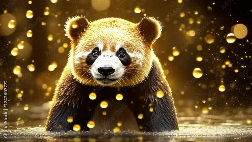 Red Panda in Golden Rain: A captivating red panda sits in a pool of ...