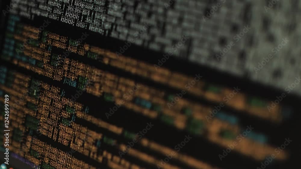 Developer is Browsing HTML Code on the Computer Screen. Side view. HTML Web Page Code Scrolling ...