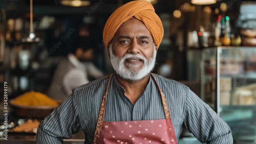A Smiling Indian Man in Traditional Attire and Apron at a Vibrant Food ...