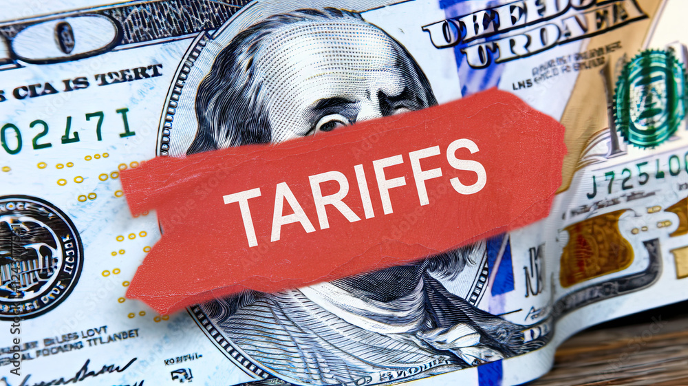 Poster American Tariffs Label on a Hundred Dollar Bill, Bold 'TARIFFS ...
