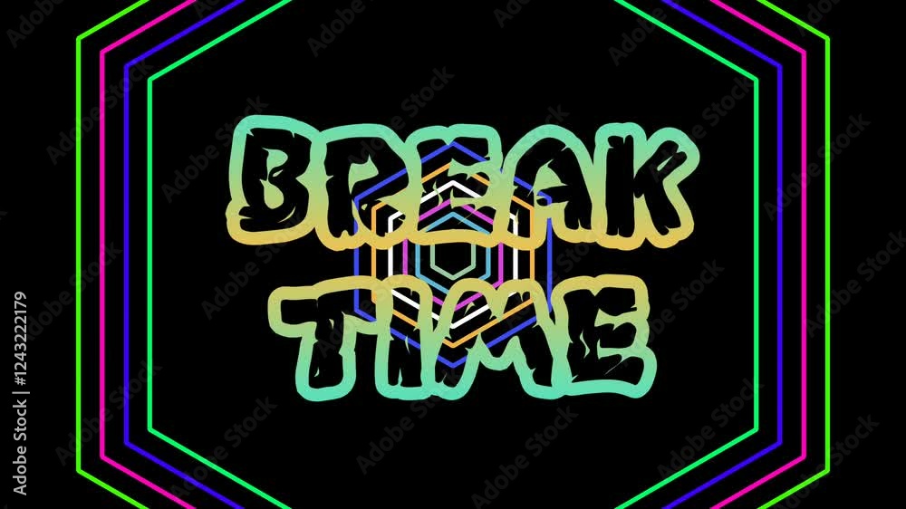 BREAK TIME text animation with blinking effect and blinking hexagonal ...