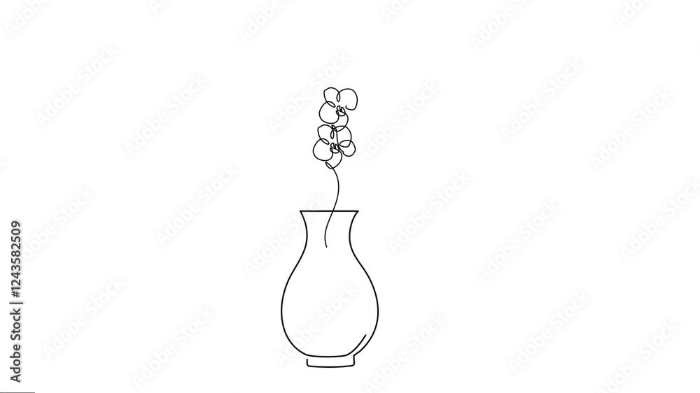 Animated one continuous single-line drawing of the vase with orchid ...