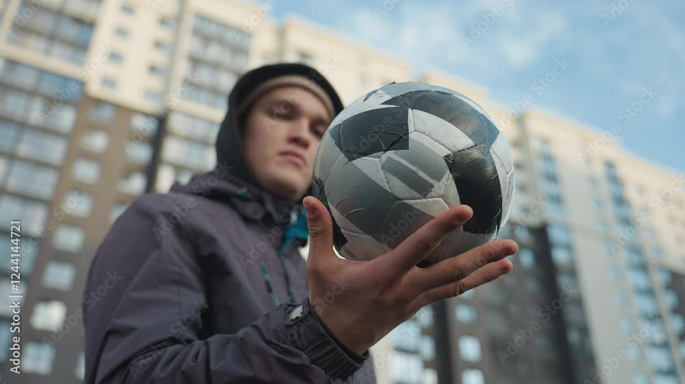 Man spinning soccer ball on palm with focused expression, demonstrating ...