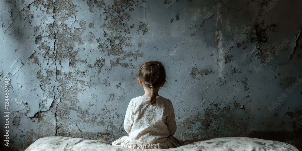 Poster A grubby sad child sits on a dirty bed in an old broken room ...