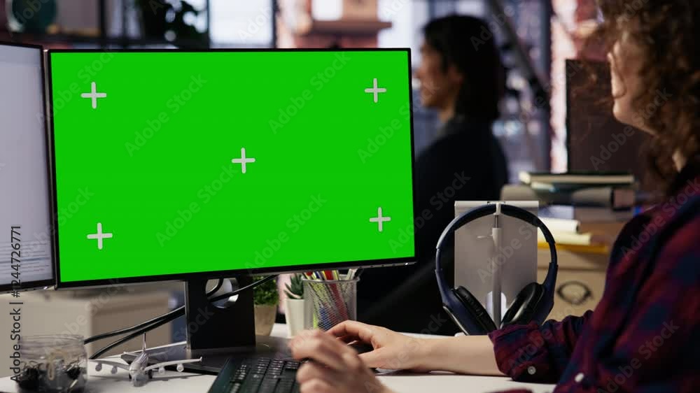 Woman coding in AI startup office using mockup PC, building scalable solutions for businesses ...