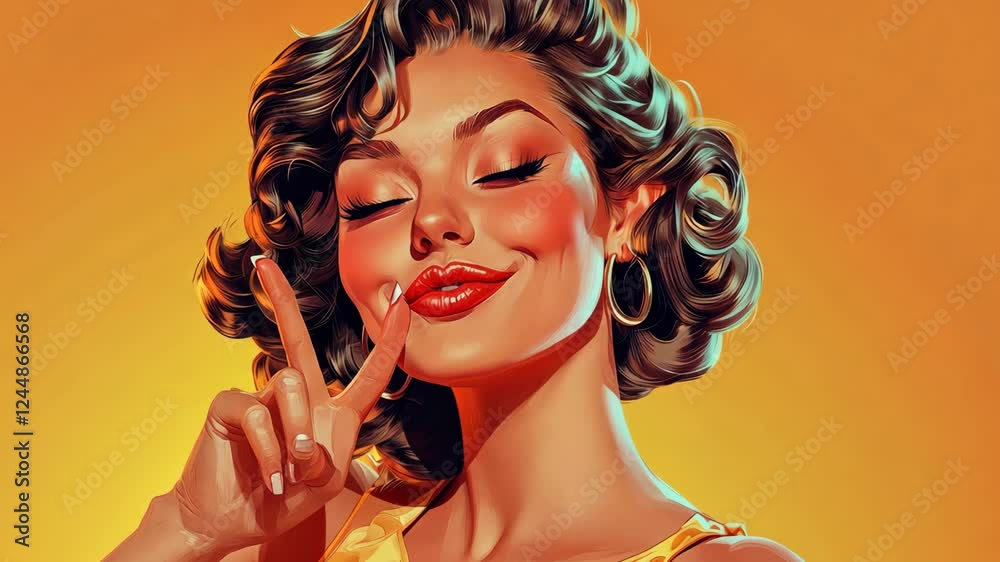 Joyful vintage pinup woman making peace sign with radiant smile Stock ...