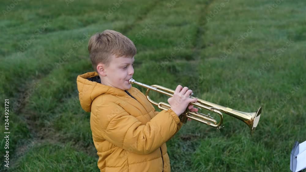 A child skillfully playing the trumpet outside while surrounded by ...