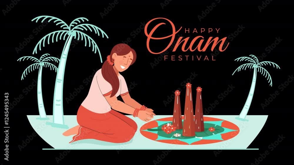 Celebrate Onam with flat animation. Bright colors, simplified visuals ...