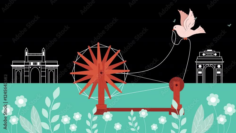 Celebrate Gandhi Jayanti with a flat vector animation. Peaceful imagery ...