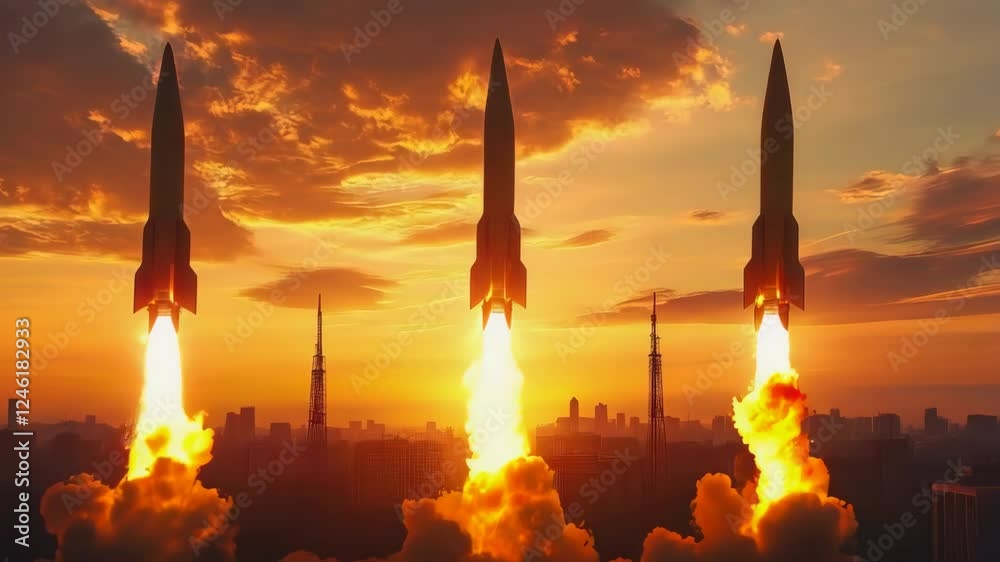 video of Nuclear missiles are aimed at the clear sky. Social issues ...