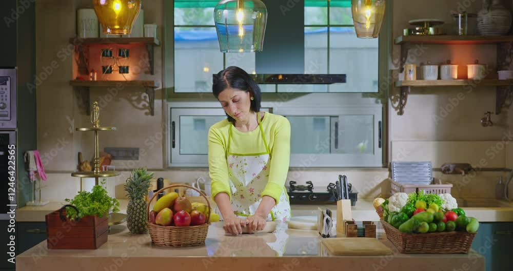 Indian asian gen x woman lady chef wear apron knead flour with hand ...