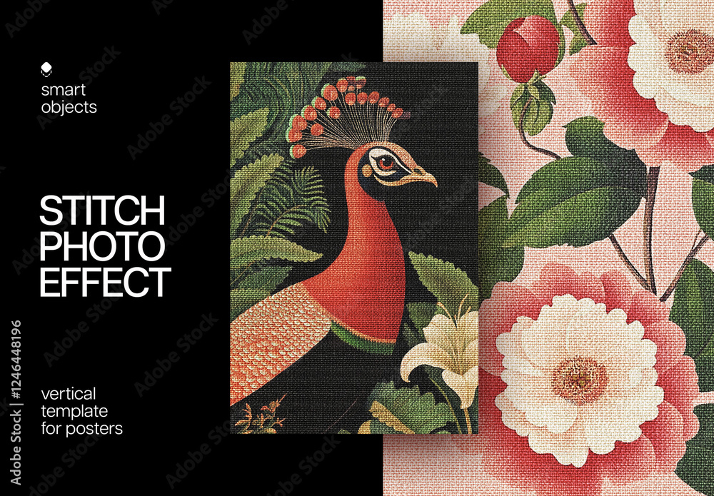 Embroidery Stitch Photo Poster Effect Mockup Stock Template | Adobe Stock