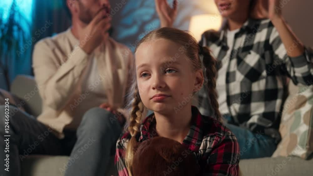Frustrated stressed upset Caucasian daughter child kid girl holding ...