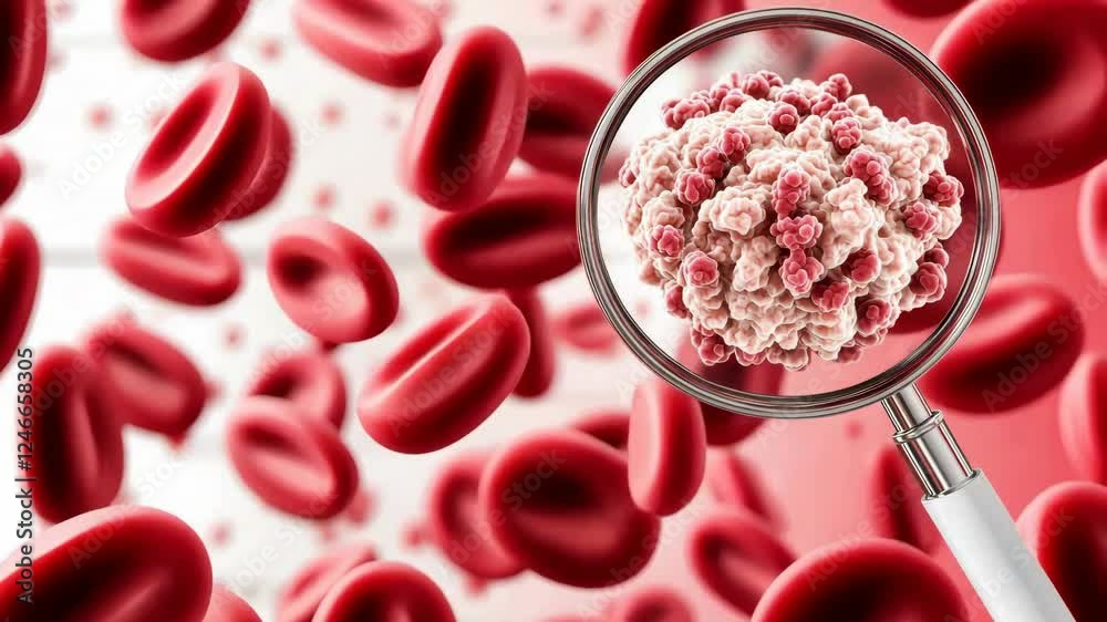A magnified view of blood cells and cancer-related, highlighting a ...