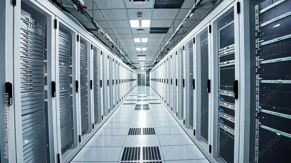 Video „Server Room Corridor: Rows of sleek server racks line a pristine ...