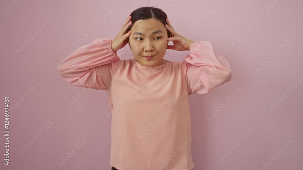 Headache stricken, young chinese woman standing isolated against pink ...