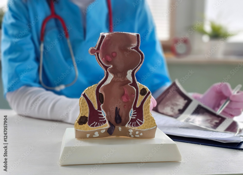Poster Doctor with model of human anatomy of rectum and hemorrhoids in ...
