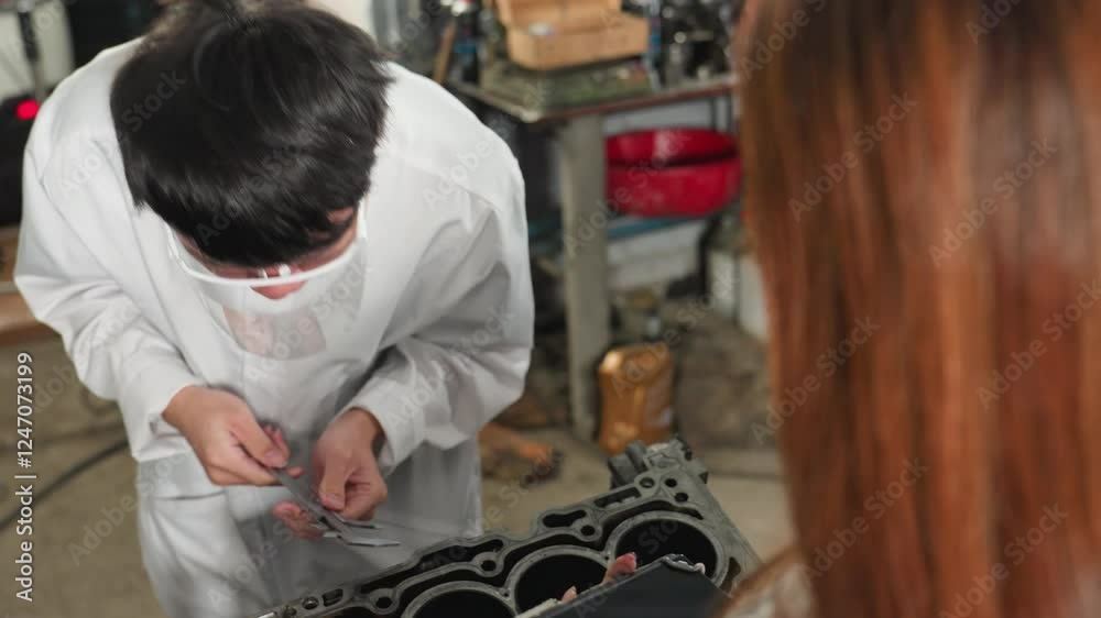 Close up of woman hair with lab technician in white lab coat measuring ...