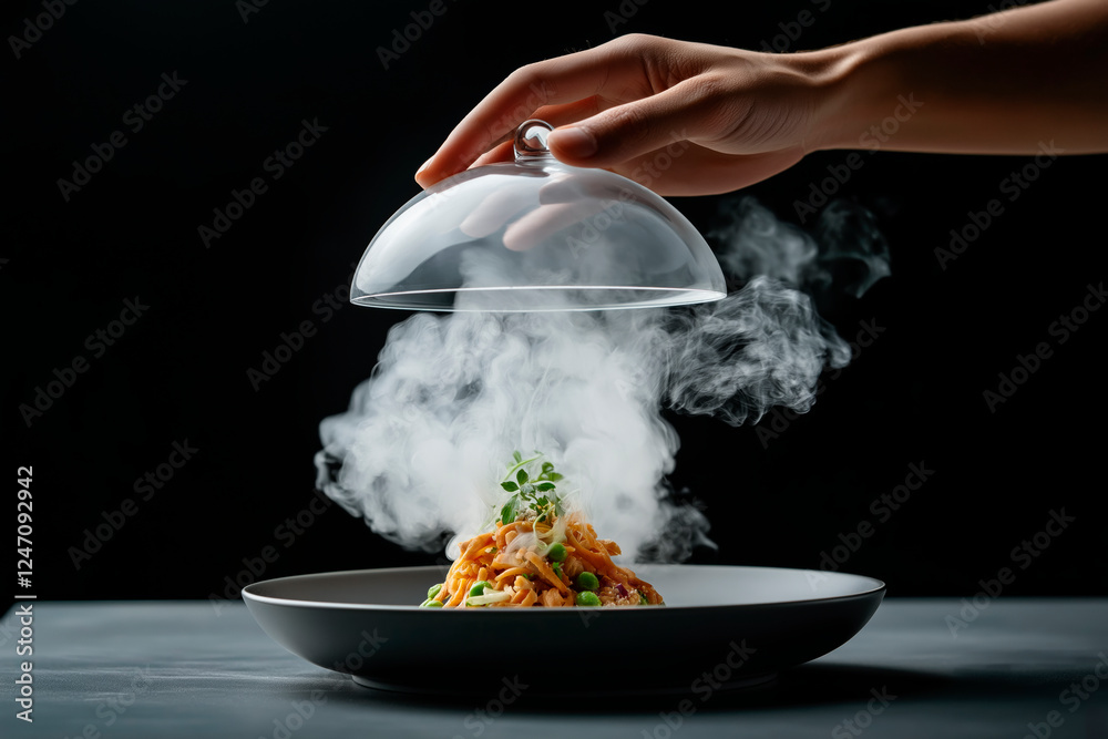 Photo & Art Print A hand holds a glass bell jar over a plate of gourmet ...