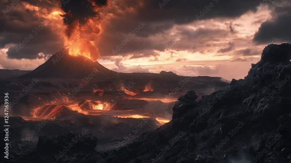 Scene of a volcano erupting releasing lava, smooth repetitive motion ...