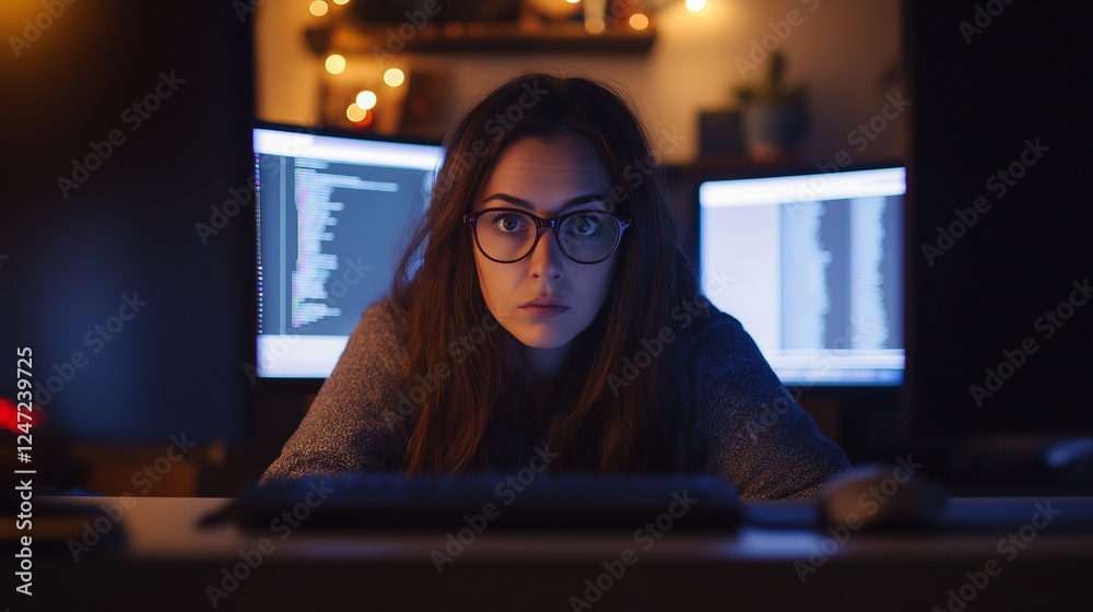 Plakát A female cybersecurity expert working late, decrypting security ...