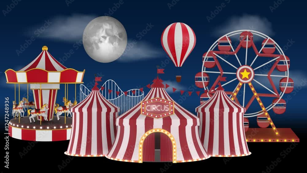 carnival funfair animation with 3d carousel, circus, ferris wheel and ...