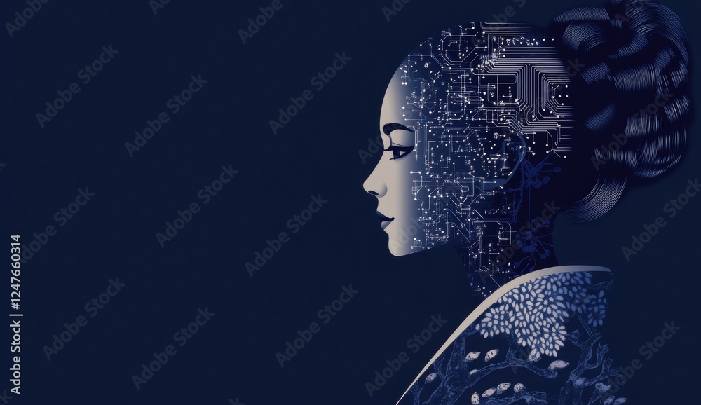 Poster A profile view of an AI human-like figure with circuitry ...